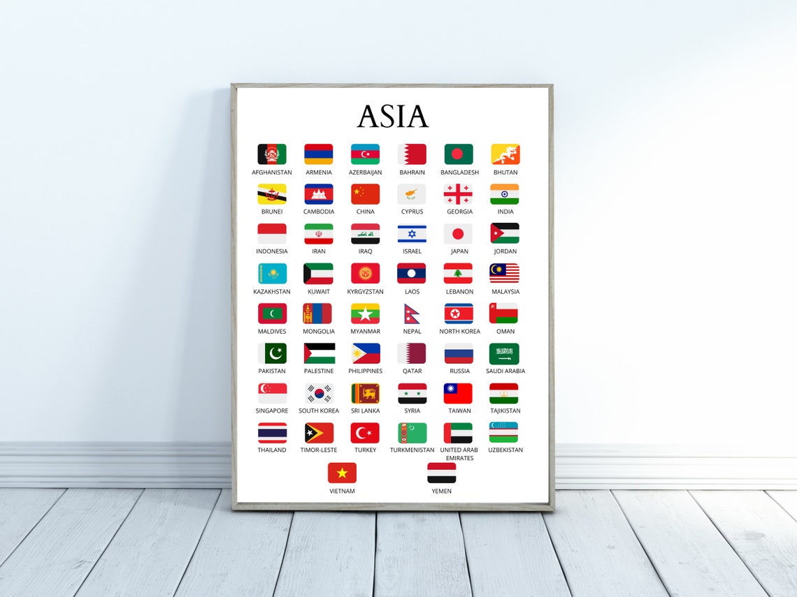 Asian Countries, Countries of Asia, Flags and Names, Learning Chart ...