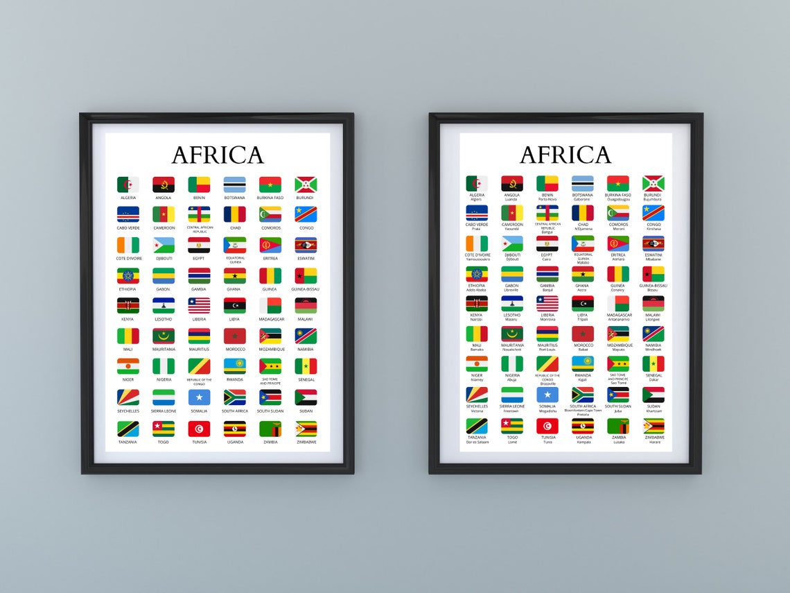 Set of 2 African Continent Poster, Capitals and Flags of Africa, Names ...