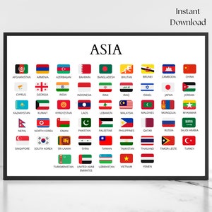 Asian Countries, Countries of Asia, Flags and Names, Learning Chart ...