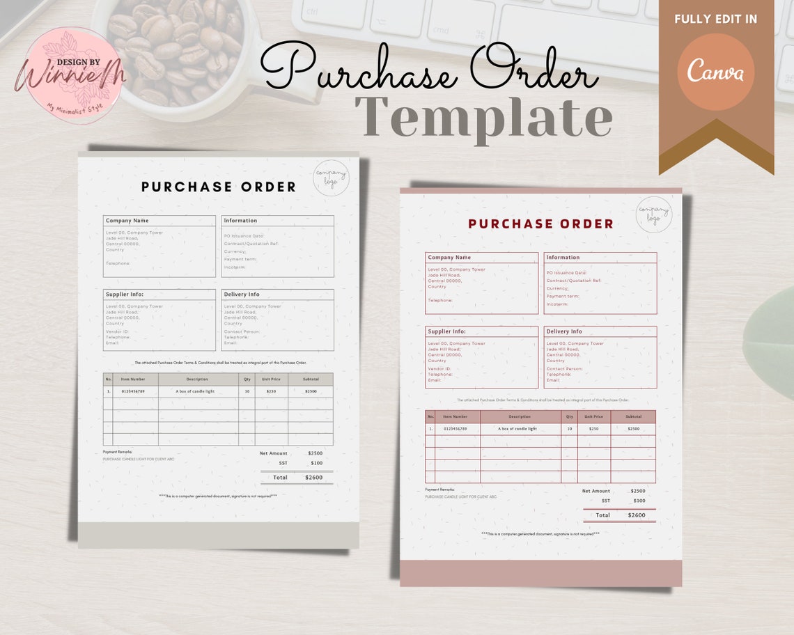 Purchase Order Template Order Form Editable Canva Template | Etsy