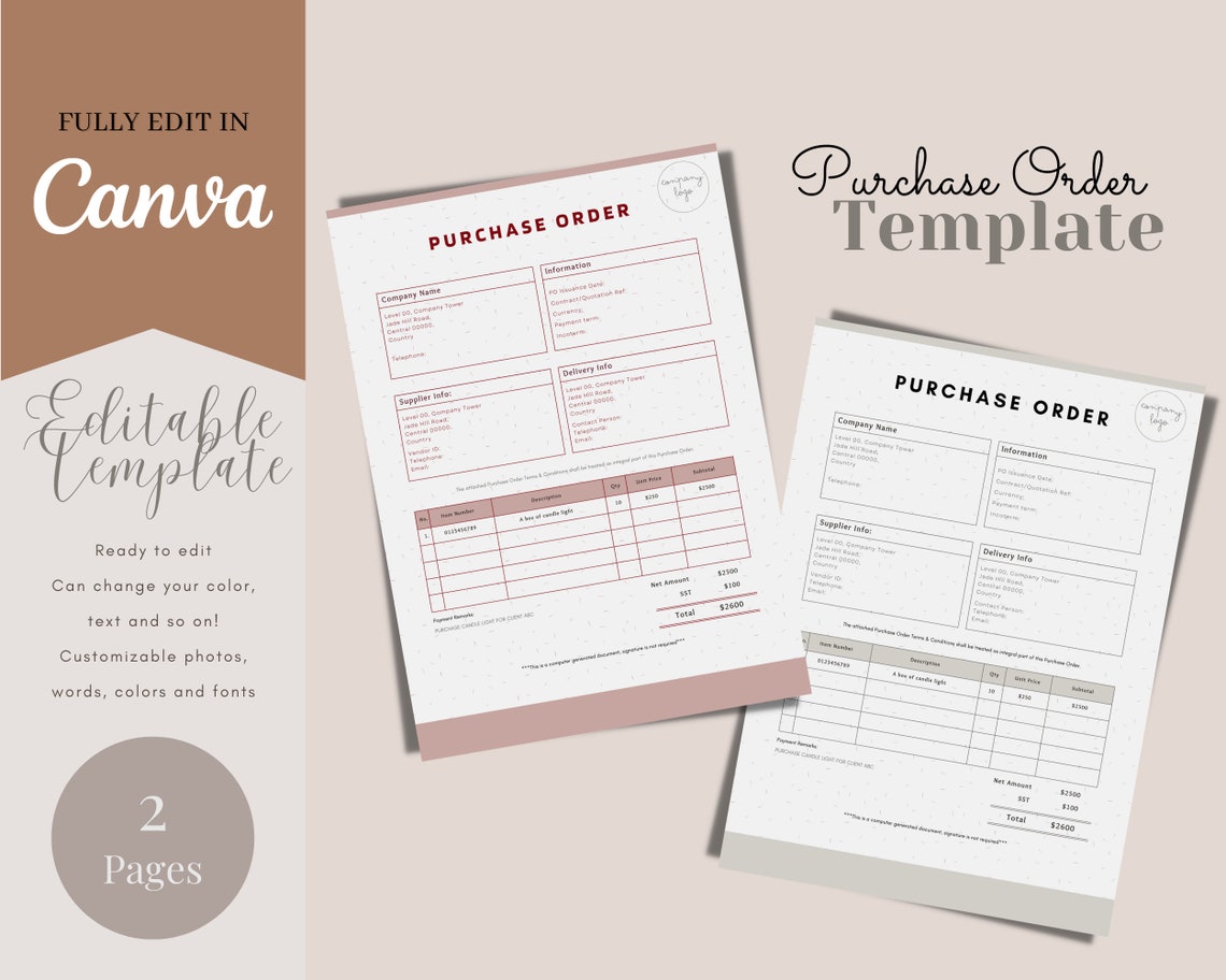 Purchase Order Template, Order Form, Editable Canva Template ...