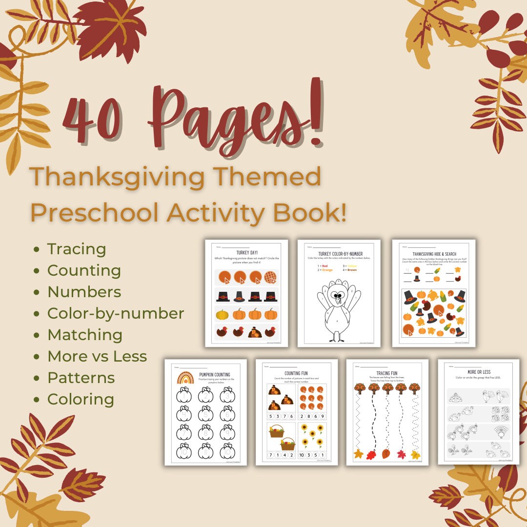 40 Page Download & Print Thanksgiving Themed Preschool Activity Book - Etsy