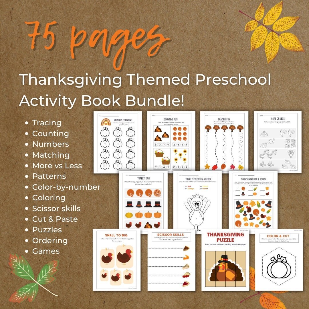 75 Page Download & Print Thanksgiving Themed Preschool Activity Book ...