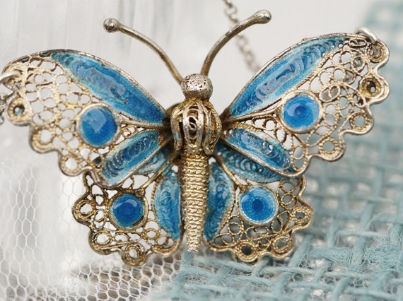 1970s Gorgeous Filigree Butterfly Necklace with Ename… - Gem