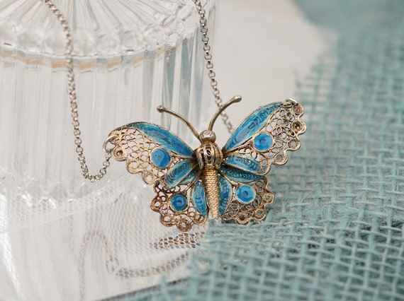 1970s Gorgeous Filigree Butterfly Necklace with Ename… - Gem