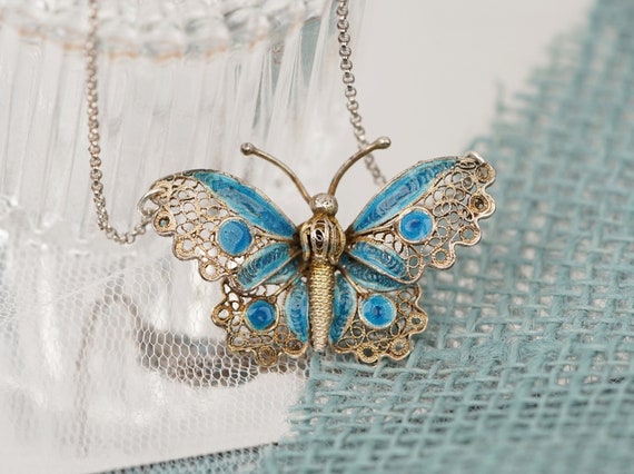 1970s Gorgeous Filigree Butterfly Necklace with Ename… - Gem