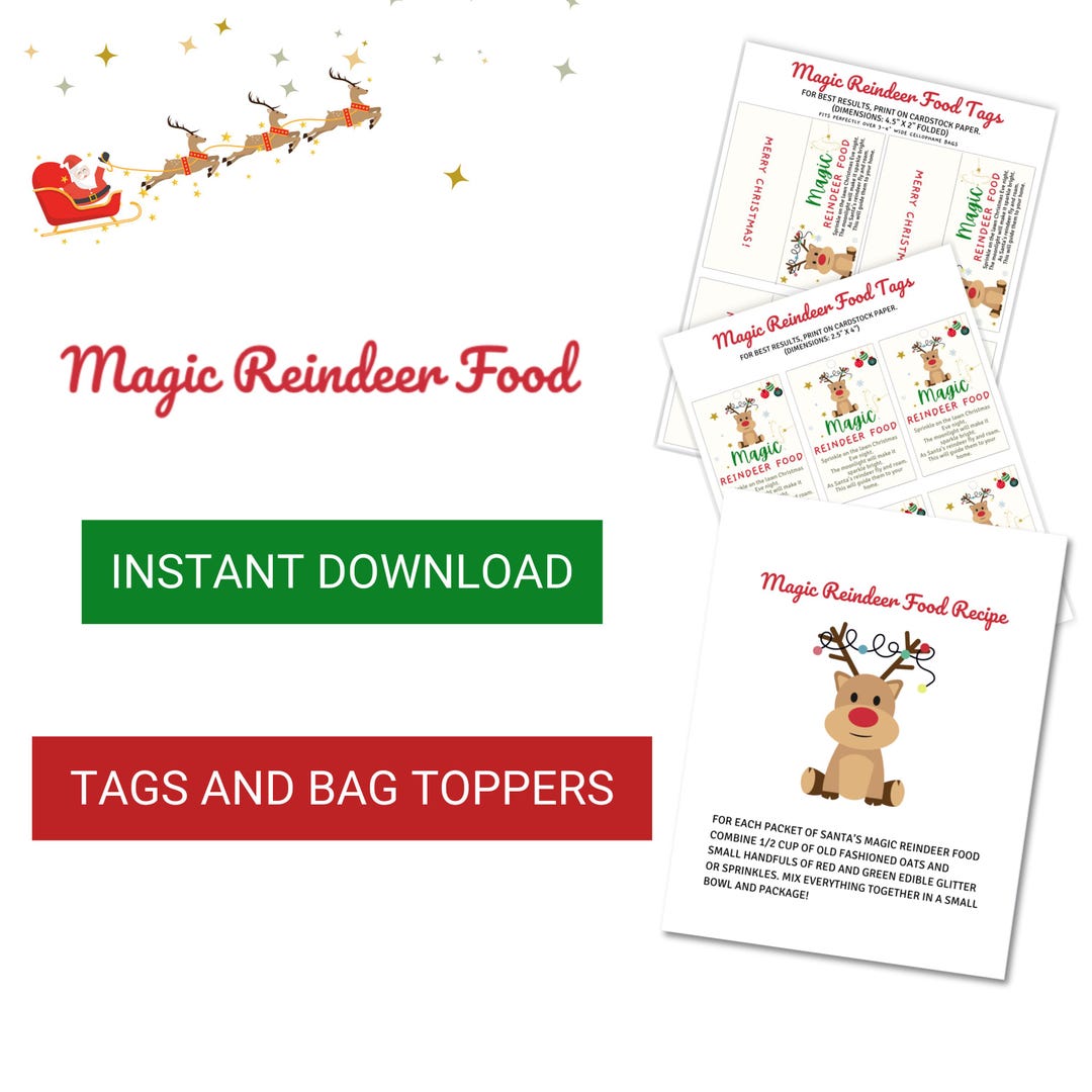 Magic Reindeer Food Tags, Magic Reindeer Food Bag Toppers, Printable ...
