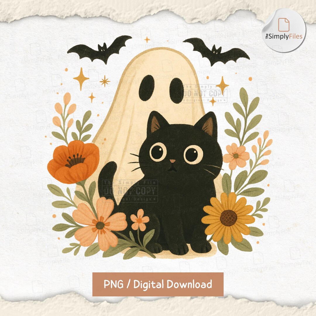 Cute Halloween Ghost and Cat PNG, Retro Spooky Floral Design, Funny ...
