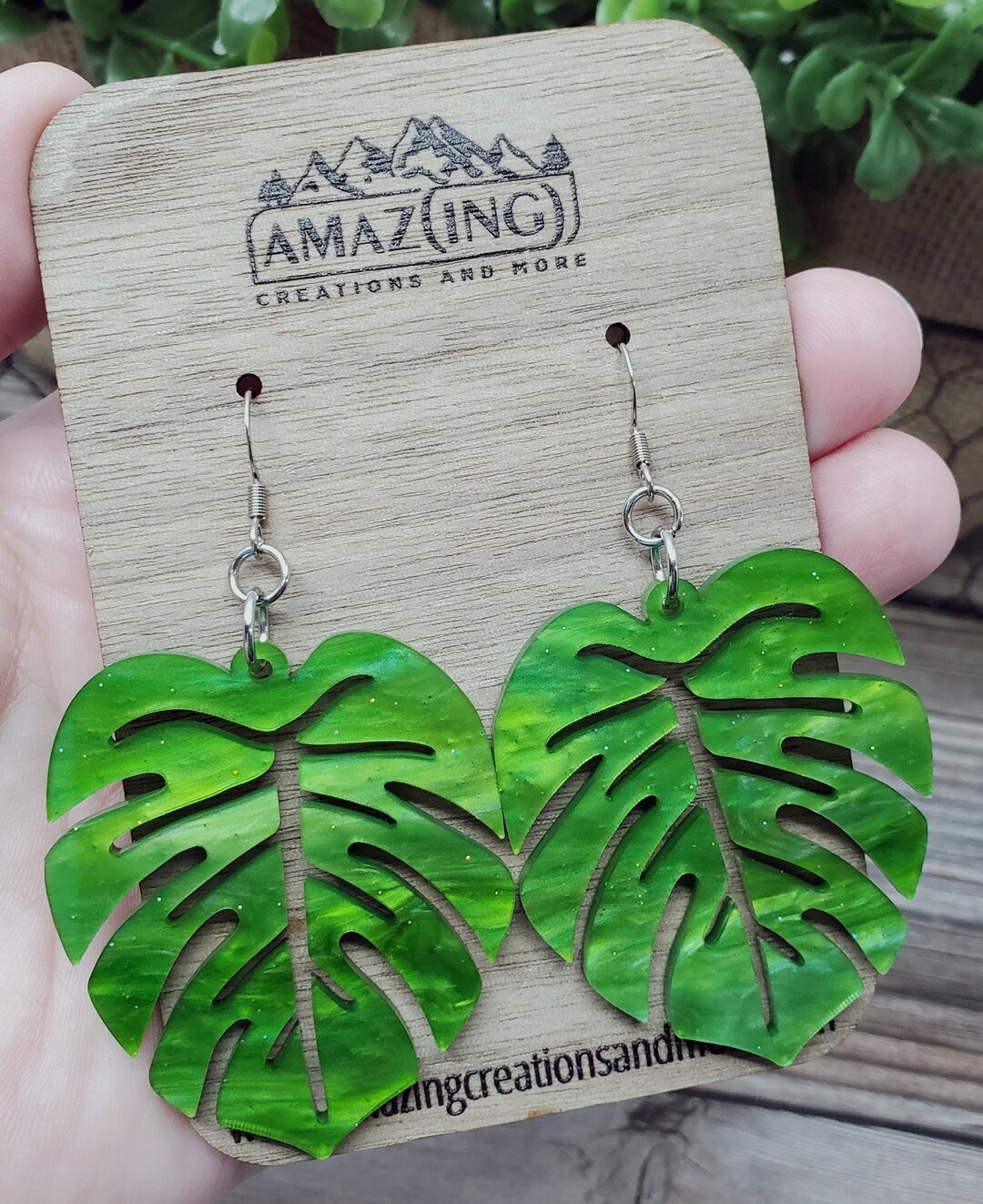 Tropical Monstera Palm Leaf Dangle Earrings Green Swirled Acrylic ...