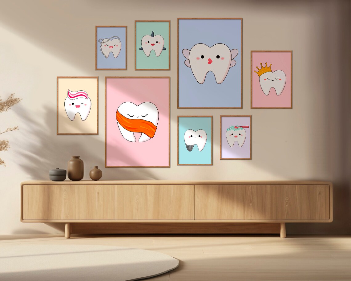 Set of 12 Teeth Printable Drawings Download Colorful Gallery Wall for ...