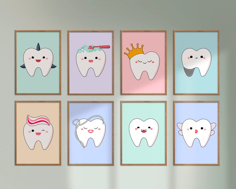 Set of 12 Teeth Printable Drawings | Download Colorful Gallery Wall for ...