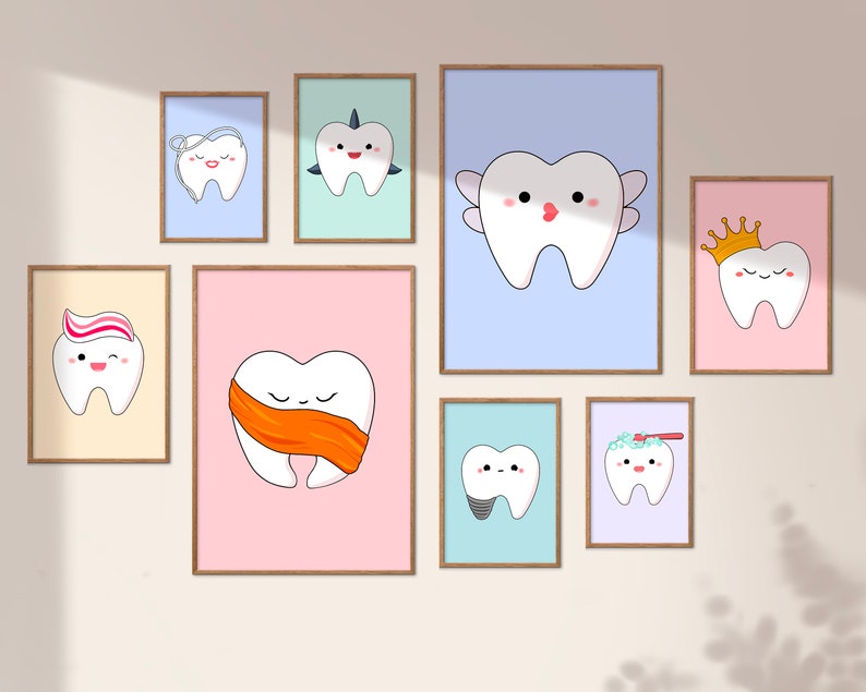 Set of 12 Teeth Printable Drawings | Download Colorful Gallery Wall for ...