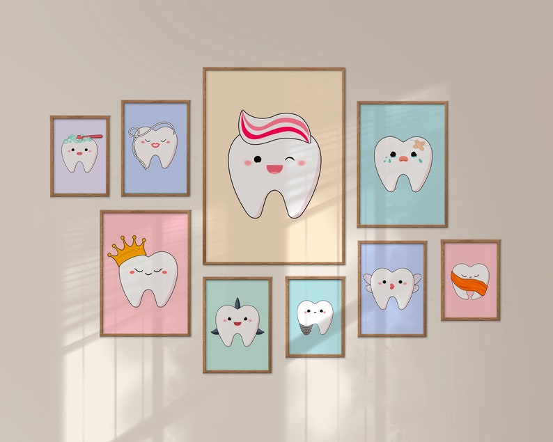 Set of 12 Teeth Printable Drawings | Download Colorful Gallery Wall for ...