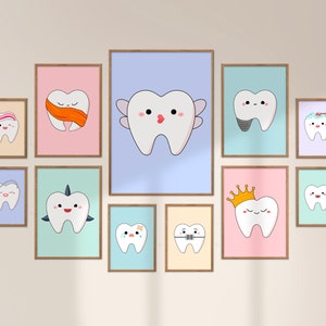 Set of 12 Teeth Printable Drawings | Download Colorful Gallery Wall for ...