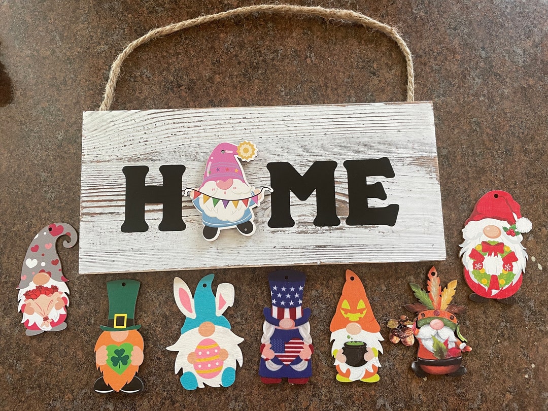 Home Gnome Wood Sign Seasonal Decor Interchangeable Door Hanger Wedding ...