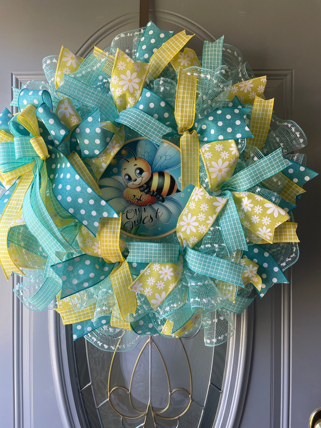 Spring Bee Wreath, Summer Front Door Wreath, Yellow and Blue Seasonal ...