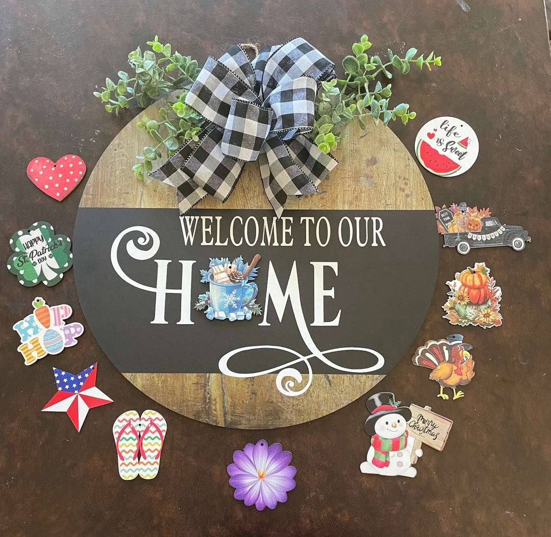Welcome 18” Front Door Sign, Interchangeable Holiday Wreath ...