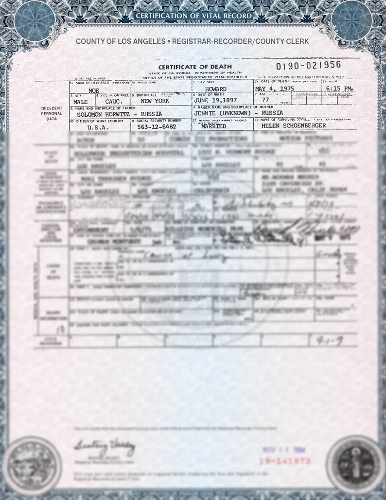 The Three Stooges, 4 Death Certificates, Moe, Larry, Curly and Shemp - Etsy