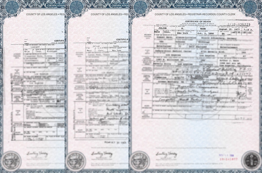The Marx Brothers, 3 Death Certificates, Groucho, Harp, and Chico - Etsy