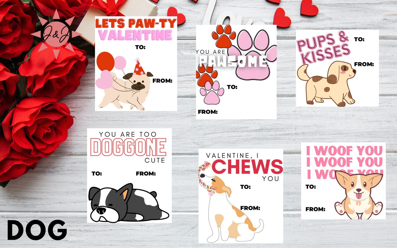 Animal Valentine’s Day Cards, Printable Valentines. Dog Cards ...