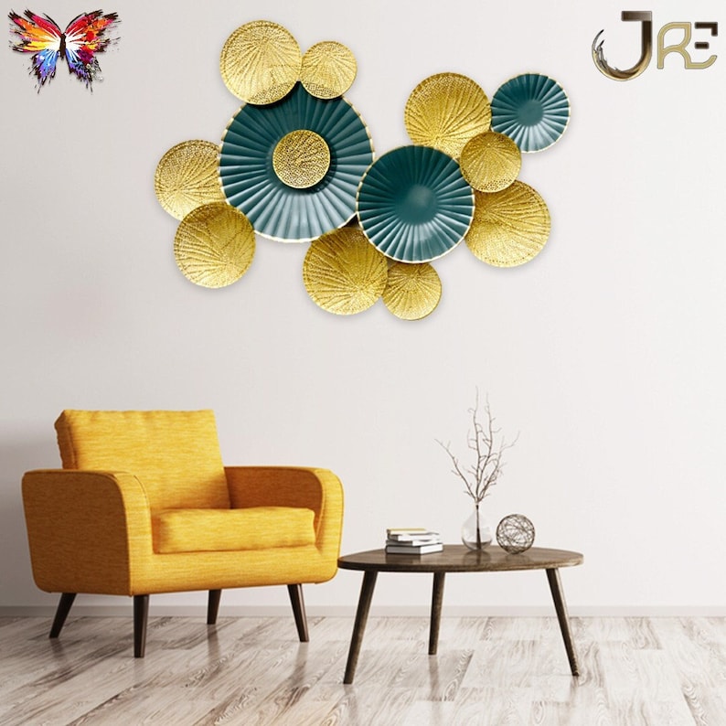 Luxury Blue Green Gold Plate Wall Decor Gold Decorative Boho Wall Art ...