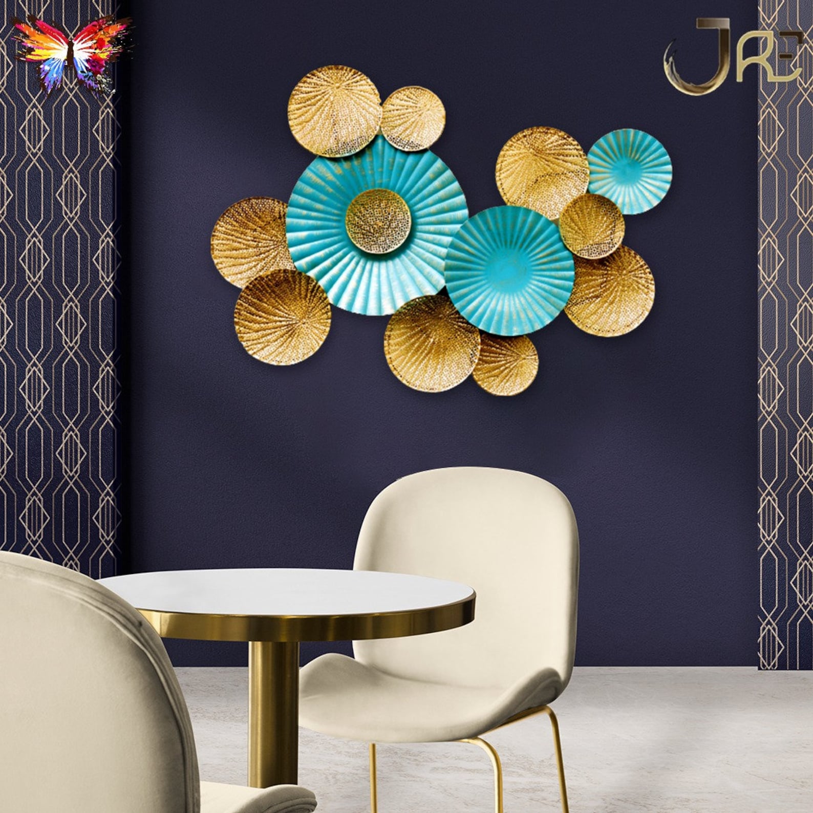 Luxury Blue Green Gold Plate Wall Decor Gold Decorative Boho Wall Art ...