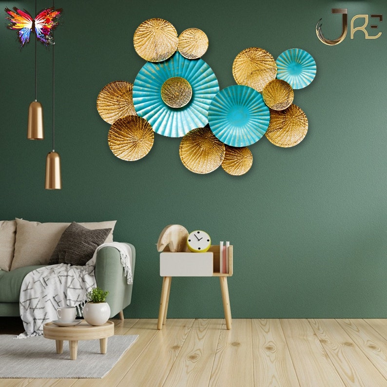 Luxury Blue Green Gold Plate Wall Decor Gold Decorative Boho Wall Art ...