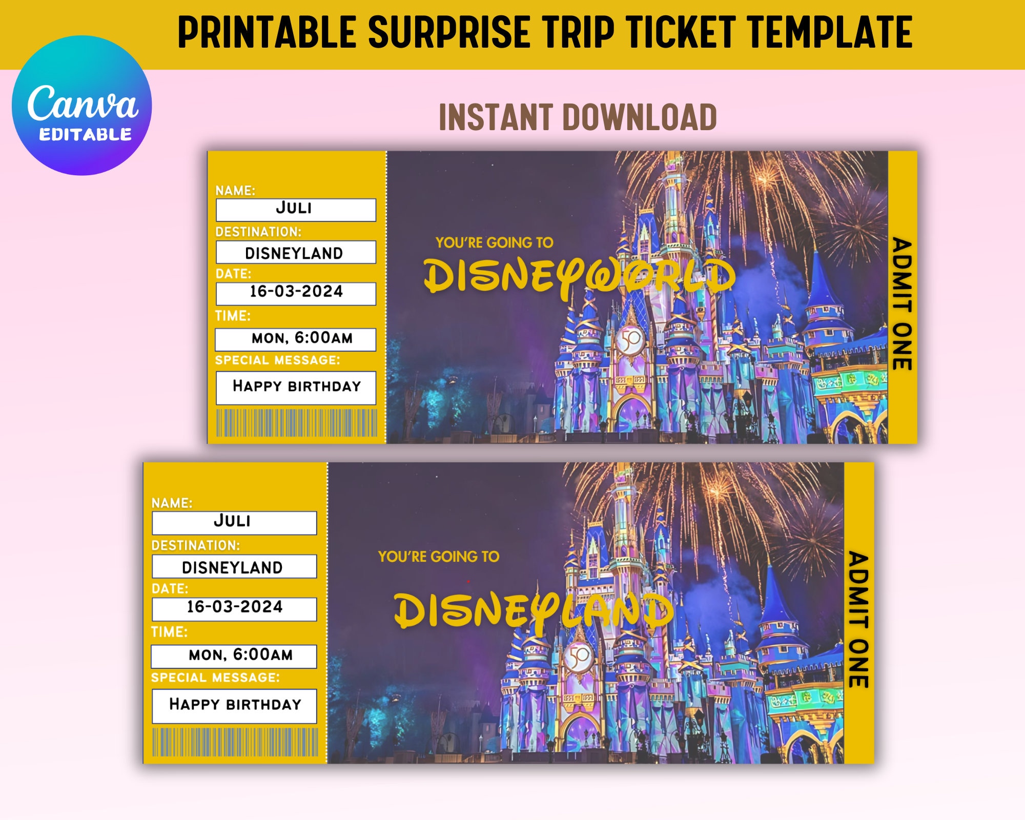 Printable Disneyland Surprise Ticket Template, Disneyworld Trip, Gift ...