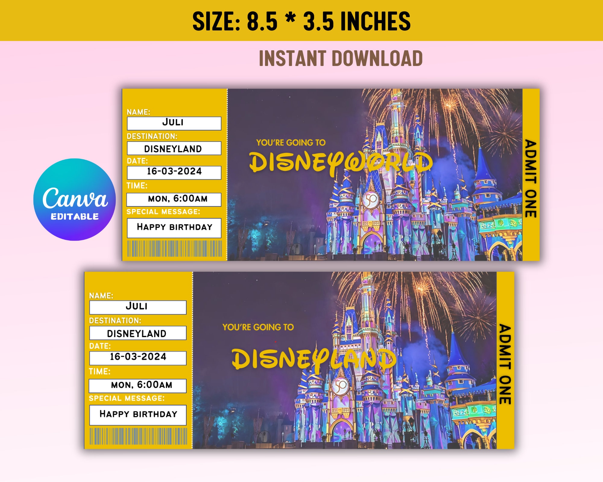 Printable Disneyland Surprise Ticket Template, Disneyworld Trip, Gift ...