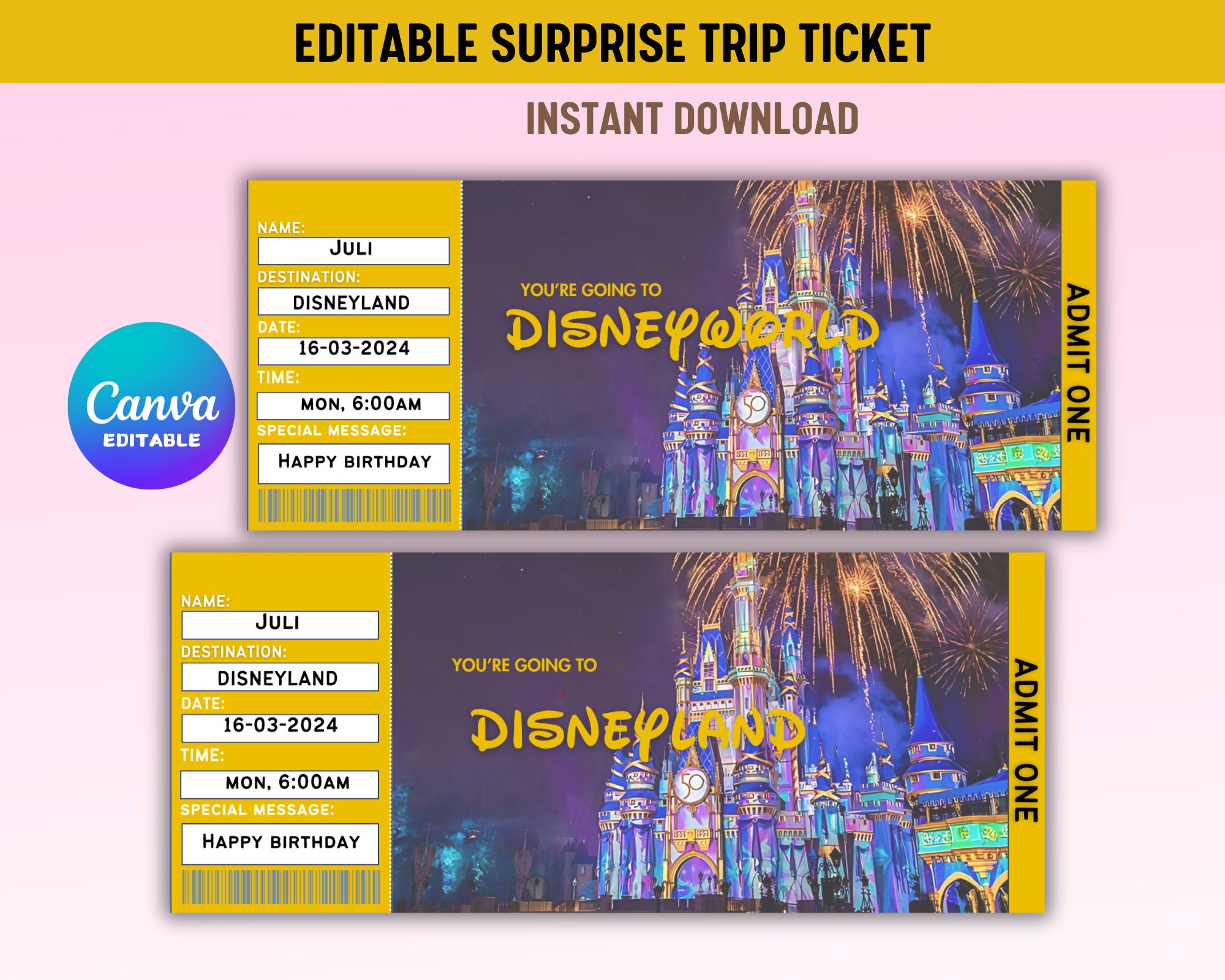Printable Disneyland Surprise Ticket Template, Disneyworld Trip, Gift ...