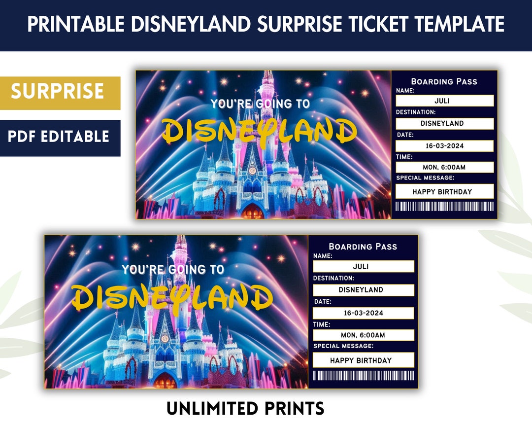 Plantilla imprimible de boleto sorpresa de Disneyland, viaje a ...