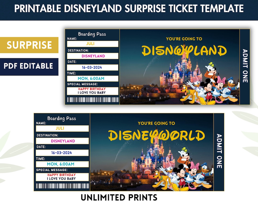 Printable Disneyland Surprise Ticket Template, Disneyworld Trip, Gift ...