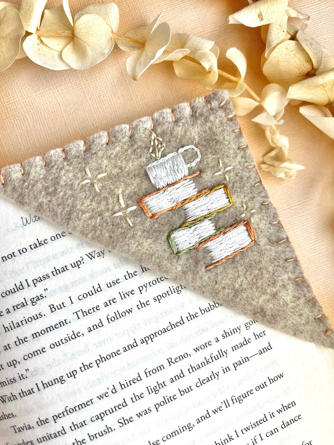Books & Coffee Corner Embroidery Bookmark Hand Embroidered Corner ...