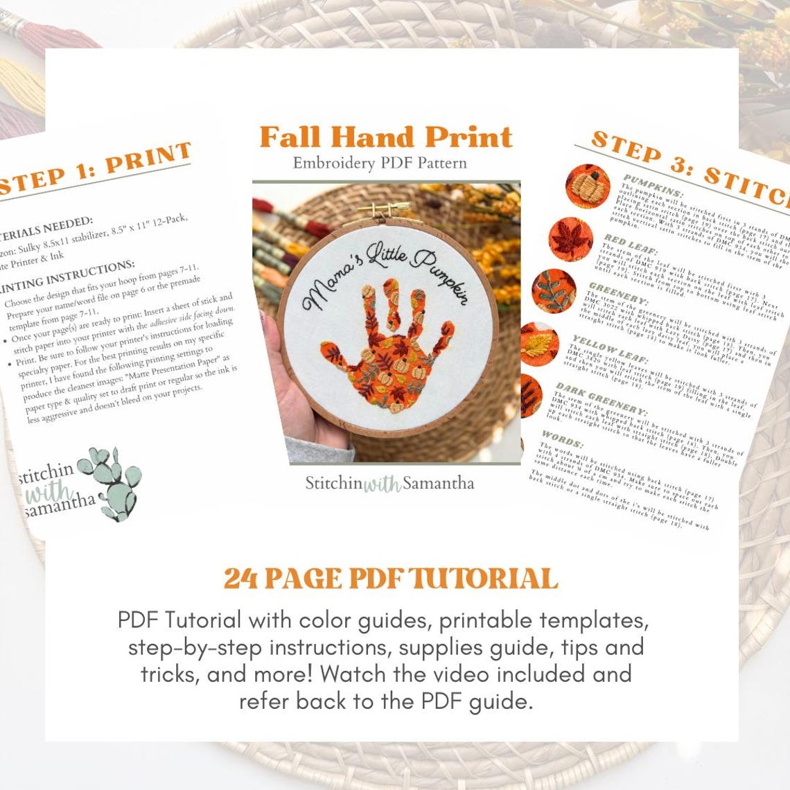 Fall Handprint Keepsake, Kids Embroidery PDF Pattern, Handprint ...