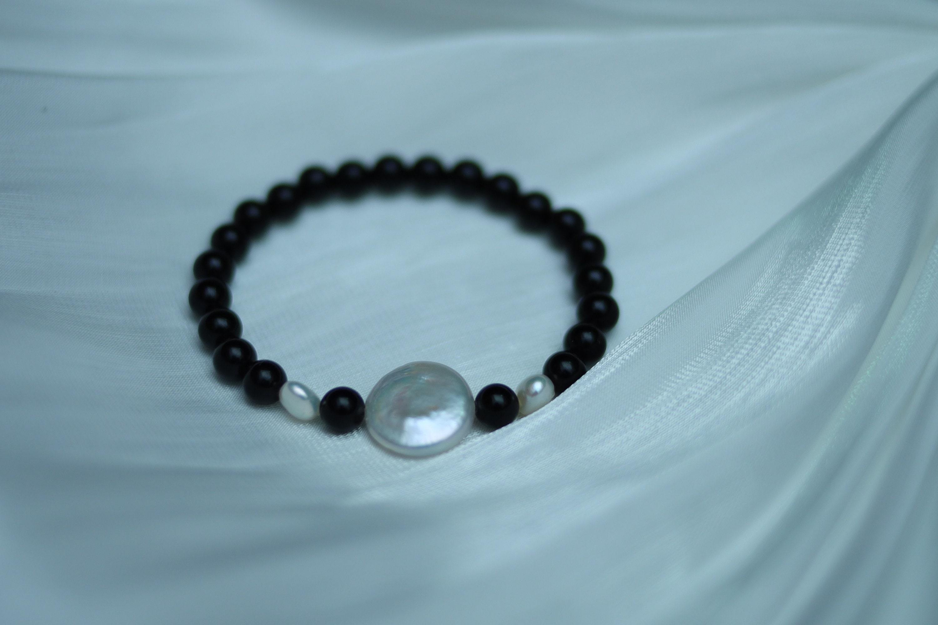 Sheen Obsidian and Genuine Baroque Coin Pearl Beaded Bracelet /lucky ...