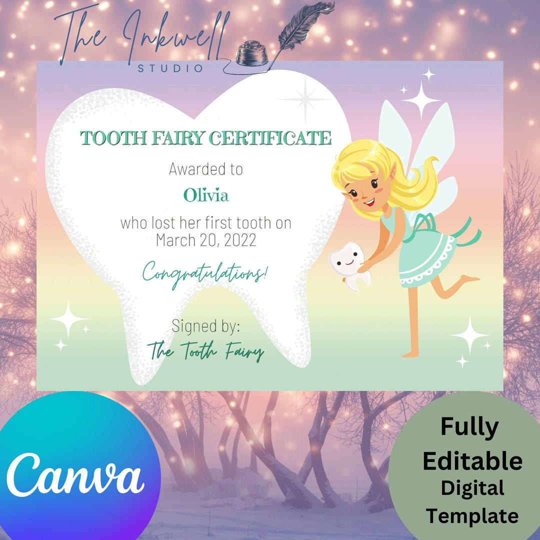 Tooth Fairy Certificate First Lost Tooth Editable & Customizable Fairy ...