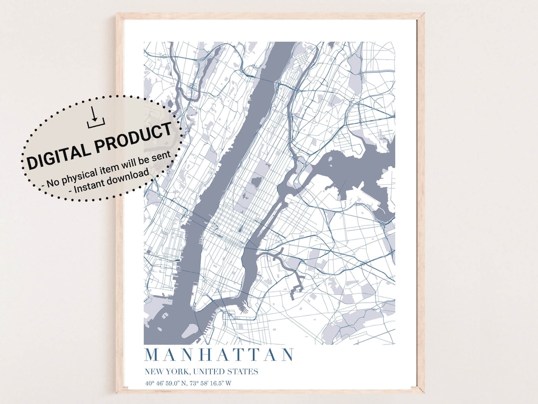 Manhattan Map Printable; Manhattan Digital Map; NYC Wall Art; New York ...