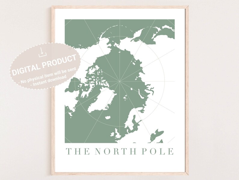 Sage Green North Pole Map Printable, Emerald Green Christmas Wall Art ...