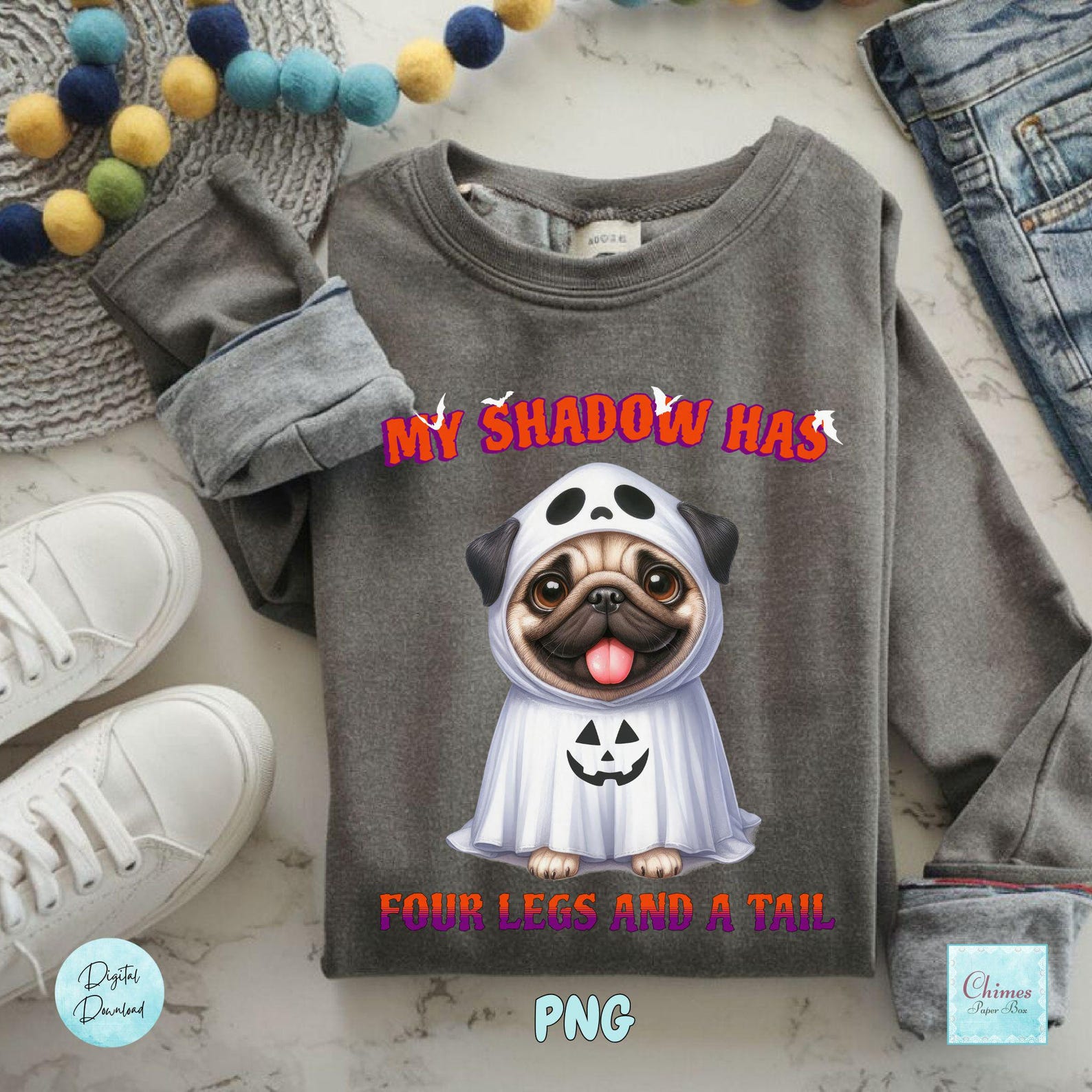 My Shadow Has Four Legs and a Tail Halloween Pug Ghost Png Cute ...