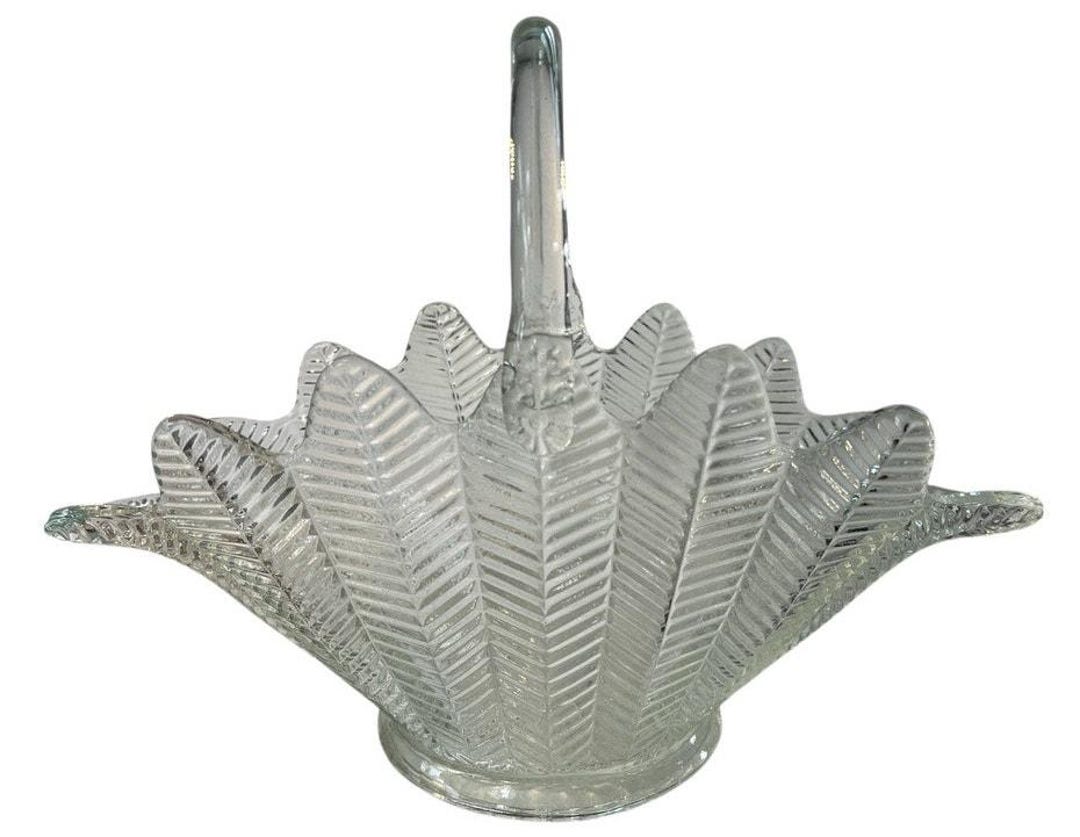 VTG MCM 1960 L E Smith Glass Co LARGE Clear Feather Pattern Basket ...
