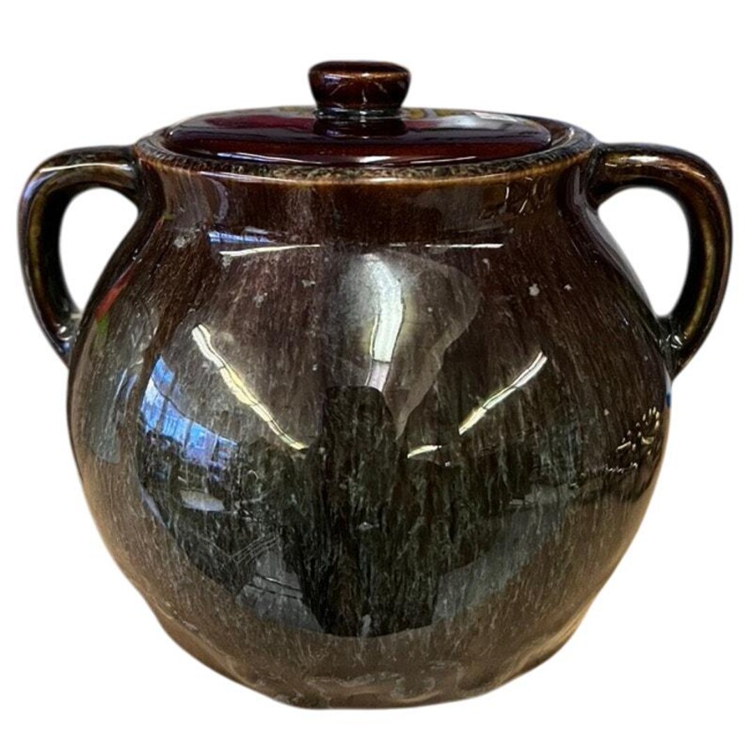Vintage Hull Pottery Bean Pot Lid Brown Green Drip Glaze USA Made ...