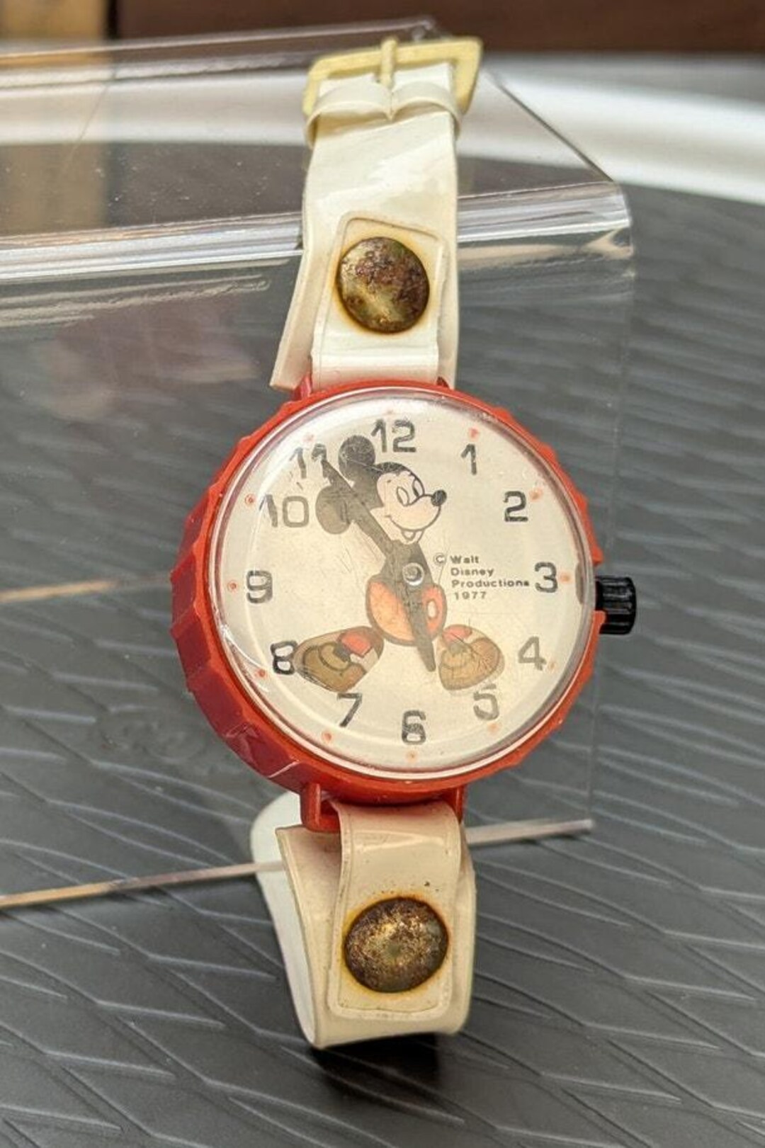 Vtg Durham Mickey Mouse Plastic Toy Watch White Strap Red Bezel ...