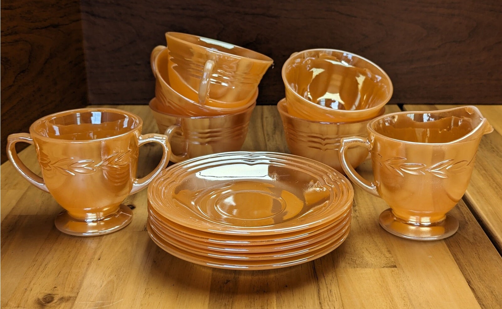 Retro Fire King Peach Luster Ovenware Three Bands Cups Saucersf Creamer ...