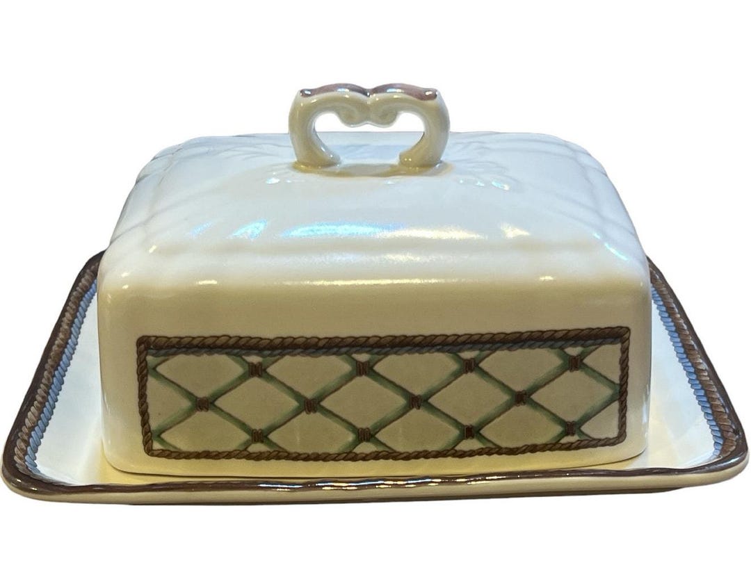 Mikasa Country Lattice Butter Dish Replacement Cream Green Cottage Tea ...