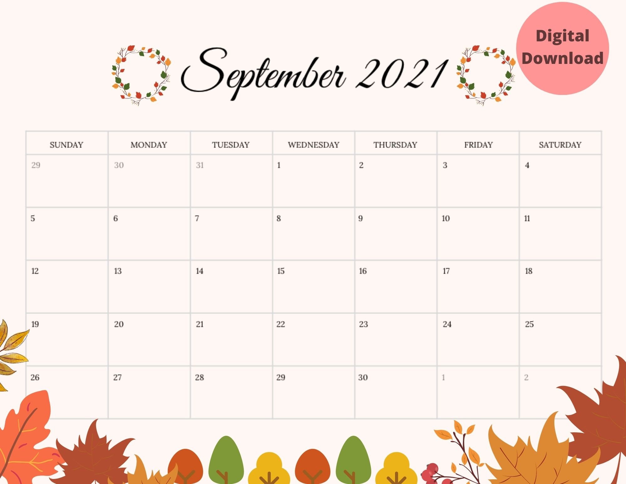 September Calendar | 2021 Planner | Simple | Minimalistic | Digital ...
