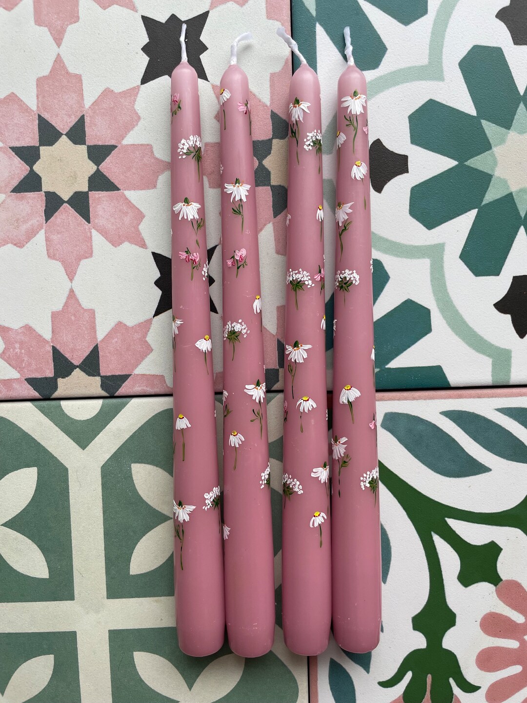 Pink Hand Painted Floral Candles- Painted Candles. Birthday. Bespoke ...