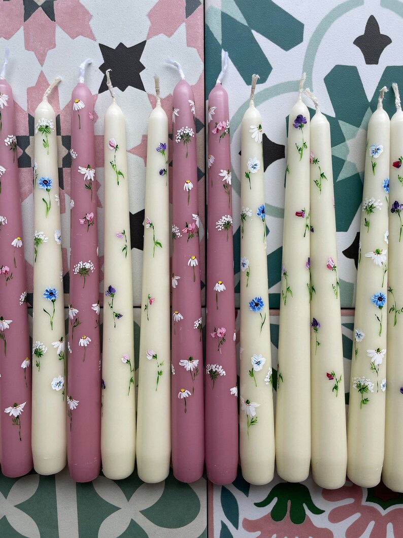 Pink Hand Painted Floral Candles- Painted Candles. Birthday. Bespoke ...