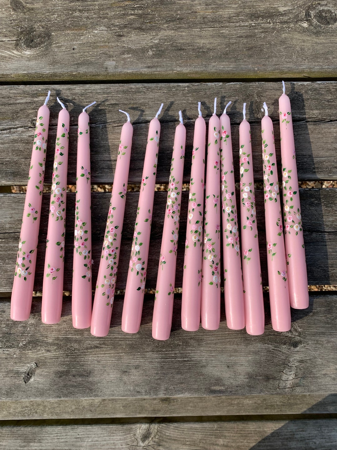Pink Hand Painted Rose Garland Candles Painted Candles. - Etsy
