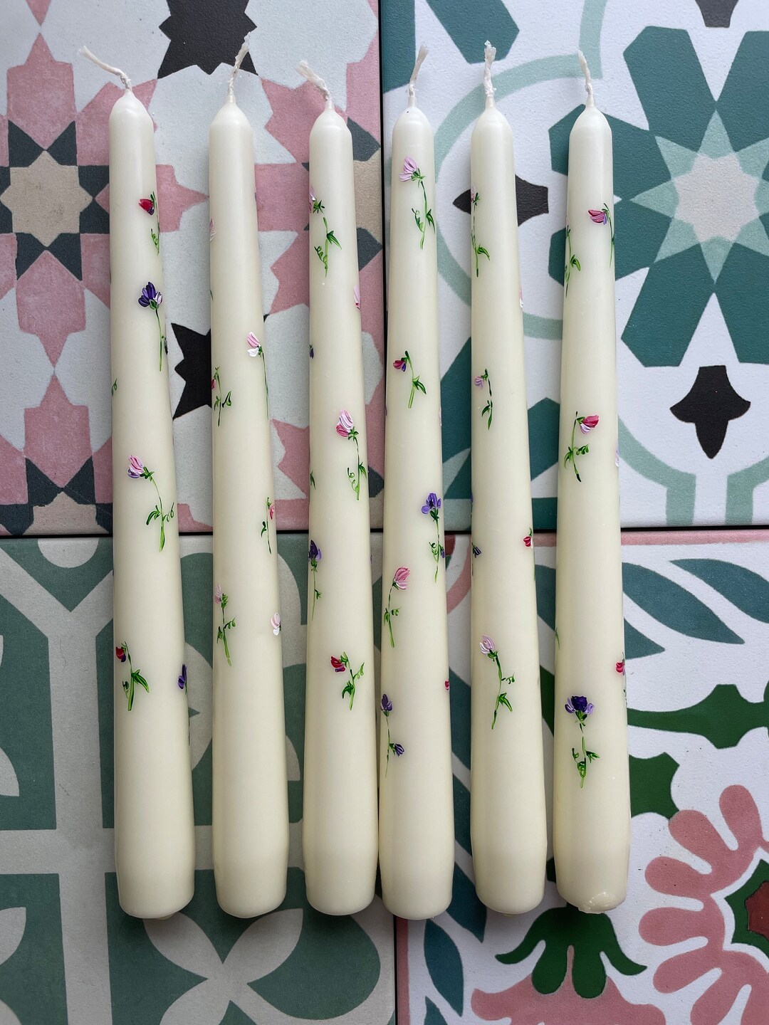 Ivory Hand Painted Sweet Pea Floral Candles- Painted Candles. Birthday. Bespoke Candles. Home ...