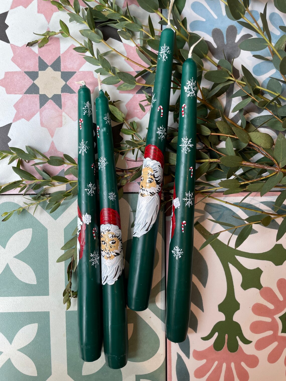 Christmas Green Hand Painted Father Christmas Candles. - Etsy UK